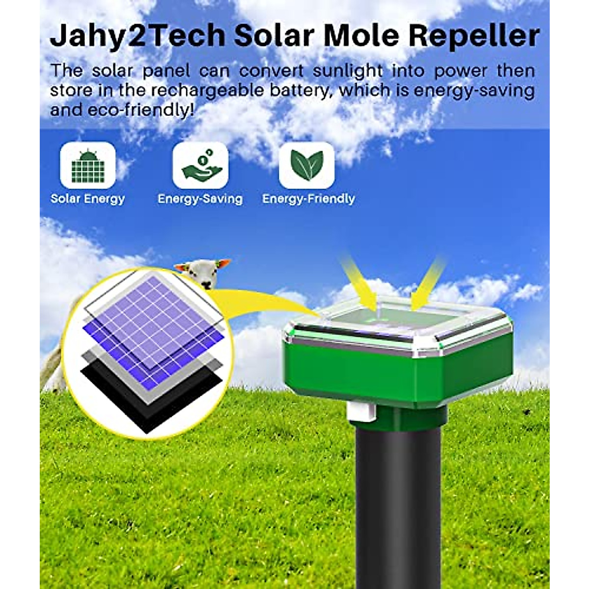 8 Pack Solar Mole Repellent Waterproof Ultrasonic Gopher Repellent Outdoor Animal Repeller Stakes Sonic Rodent Deterrent Vole Chaser for Patio Garden Farm Lawn