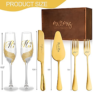 VARLKA Wedding Cake Knife and Server Set, Gold Mr and Mrs Champagne Flutes and Cake Cutting Set for Wedding Bridal Shower Gifts (Gold)