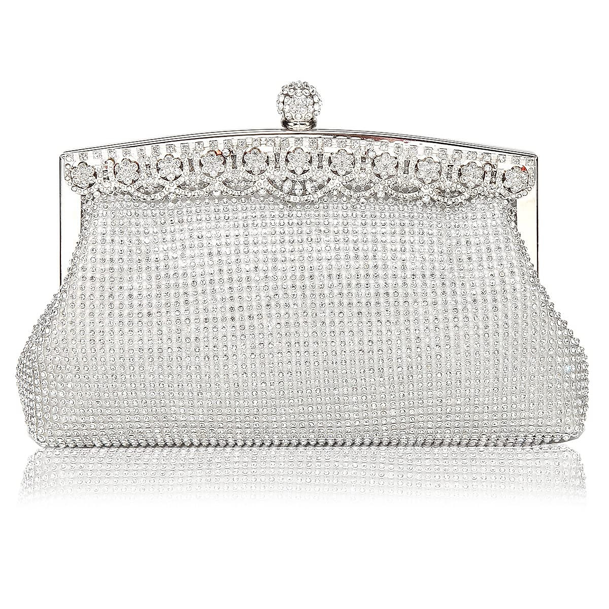 Mogor Women's Rhinestone Retro Crystal Clutch Bling Glitter Wedding Party Bridal Handbag Elegant Formal Evening Bag(Silver)