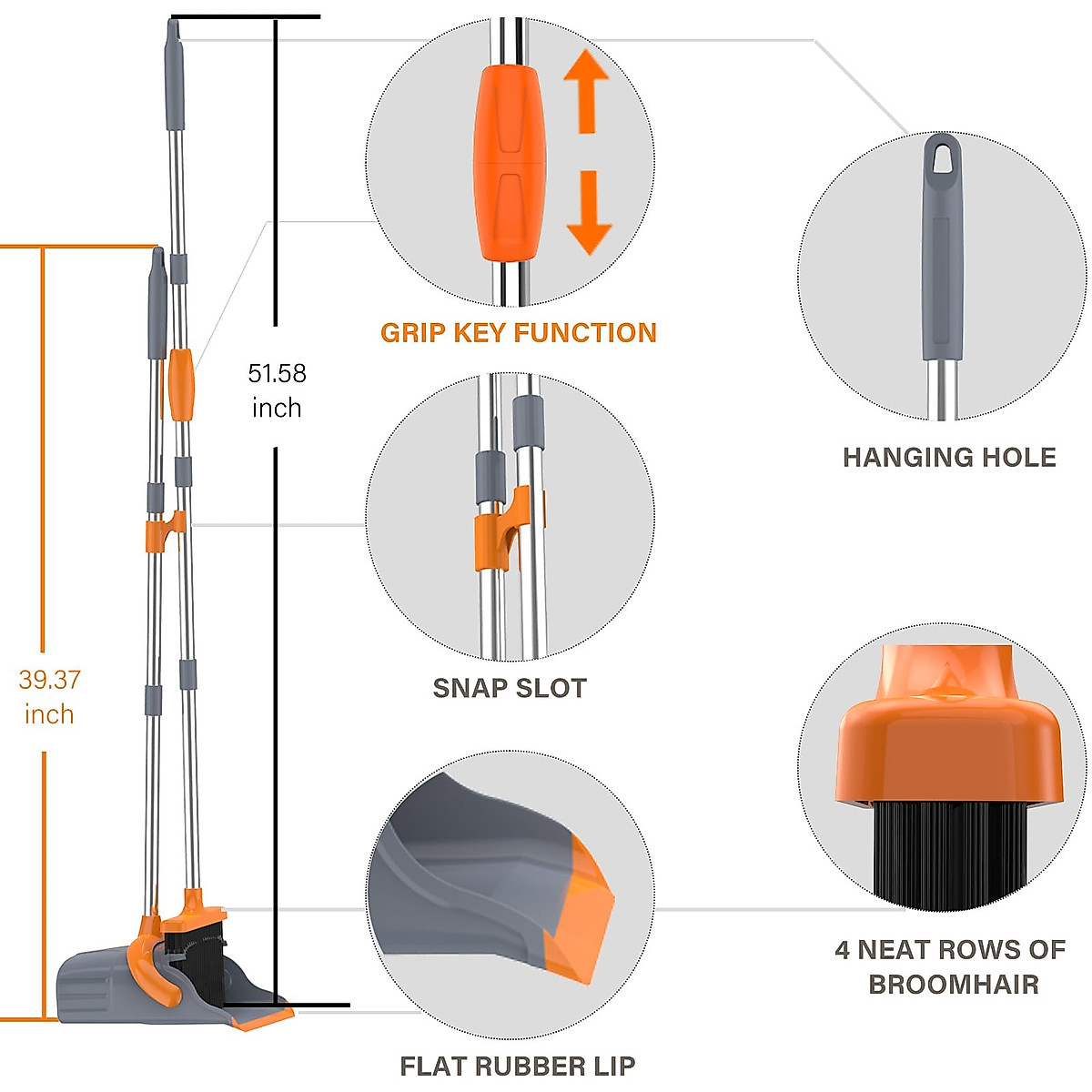 AXFRVEWA Broom and Dustpan Set with 52" Long Handle Broom with Dustpan Combo Set, Self-Cleaning Teeth & Standing Dust Pan and Broom for Home Office Kitchen Lobby Floor Use-Gray&Orange