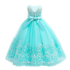 Flower Boho Floral Embroidery Lace Tutu Rustic Vintage Junior Bridesmaid Wedding Pageant Party Princess Summer Baptism Christening Beach Maxi Puffy Tulle A-Line Dress Lace-Tiffany Blue 5-6X