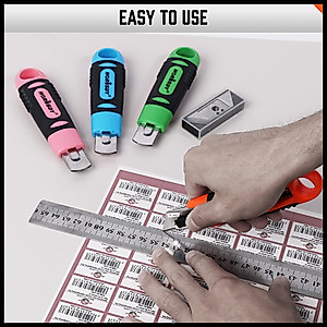HORUSDY 4-Pack Box Cutter Utility Knife, Safety Retractable Box Cutter for Cardboard, Boxes and Cartons, Extra 10 Blades.