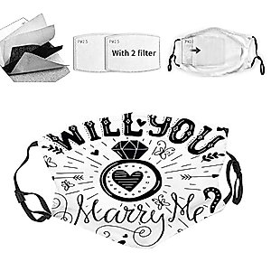 SARNFANS Engagement Party Adult Reusable Face Mask,Will You Marry Me Words with Hearts,5-Ply Breathable Safety Unisex Adults Fashion Facial Face Masks for Women Men,Black and White