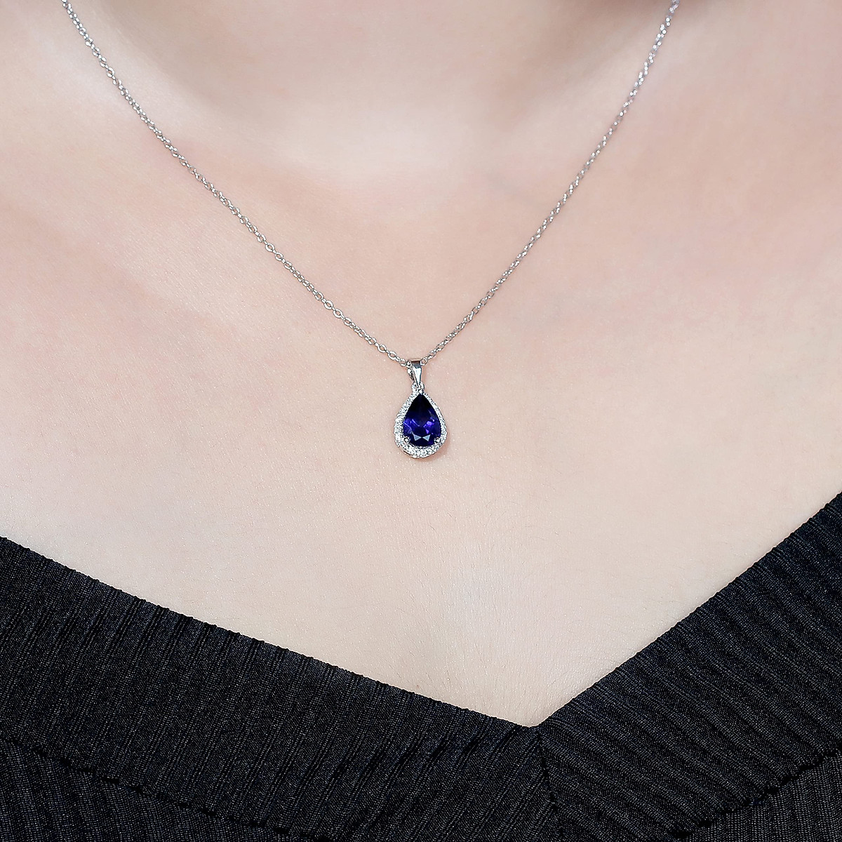 Dazzlingrock Collection 10X7 MM Pear Lab Created Blue sapphire & Round Diamond Ladies Teardrop Pendant, 18K White Gold