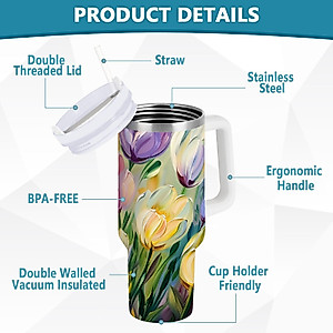 ALAZA Tulip Flower Floral Painting 40 oz Tumbler Stainless Steel Water Bottle Vacuum Insulated Cup with Straw Lid & Handle For Travel Car Cup Holder