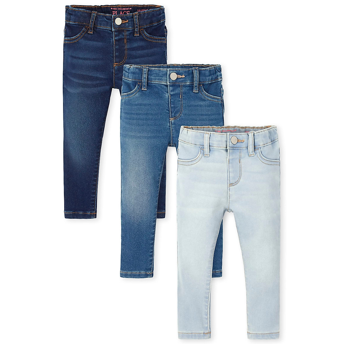 The Children's Place Baby Girls and Toddler Super-Soft Stretch Denim Jeggings, 3 Pack Skort, Brooke/Ice/Reflection Blue 3-Pack, 3T US
