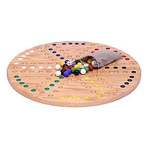 AmishToyBox.com Wahoo Marble Game Board Set - Round 18" Wide Marbles Game - Solid Oak Wood - Double-Sided - with Large 18mm Marbles and Dice Included