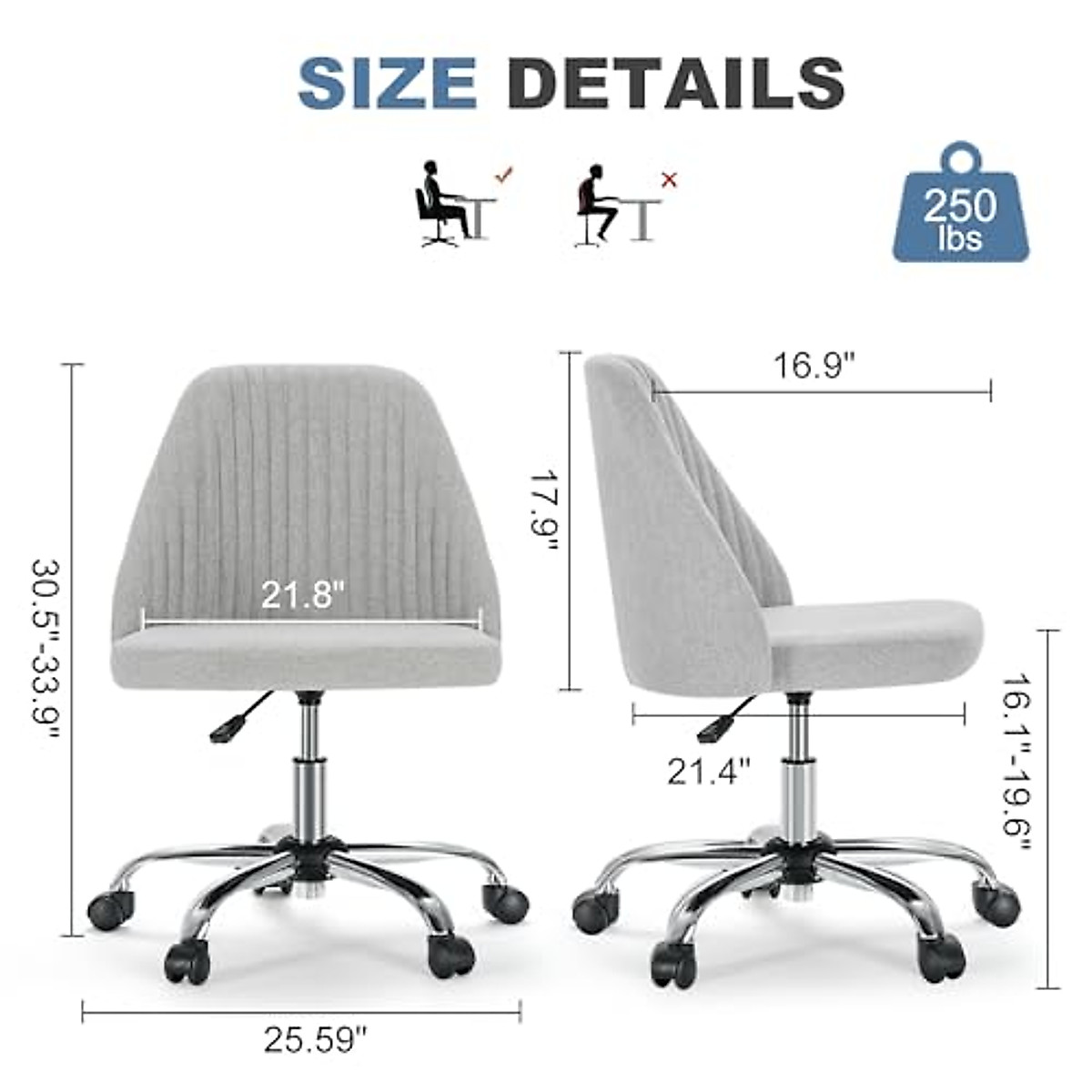 DUMOS Fashion Small Wheels Cute Vanity Swivel Back Mid Century Modern Armless Home Desk Task Chair for Bedrooms, Office, Dressing Room, Study, Grey