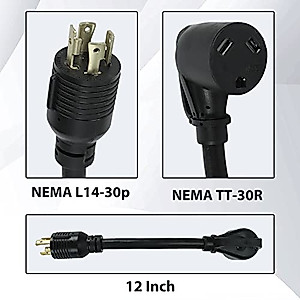 bchsadvb RV Generator Adapter Cord with Handle 12 Inch 30 Amp 125/250V 4-Prong L14-30P Twist Lock Male to TT-30R Female, STW 3/C 10 AWG