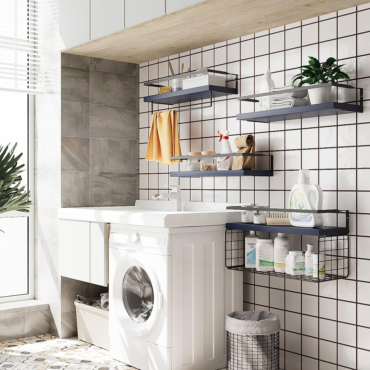 LUDORU Wood Floating Shelves Wall Mounted - 4+1 Tier Rustic Bathroom Wall Shelves Over Toilet with Wire Storage Basket and Towel Bar, set of 4 Farmhouse Floating Shelf for Bathroom, Kitchen,Navy Blue.