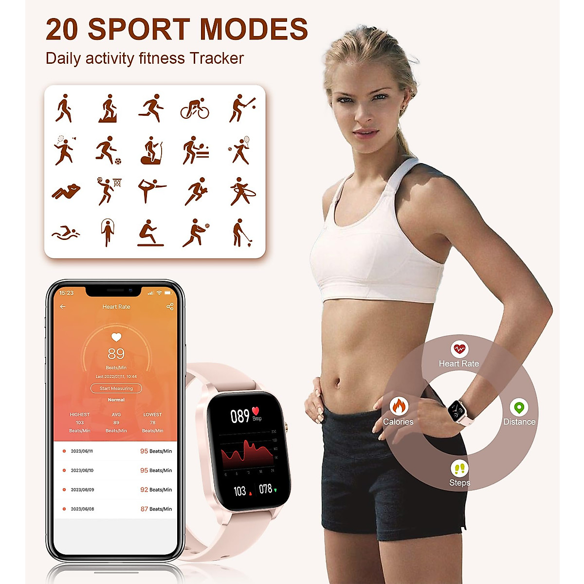 Smart Watch for Women (Answer/Make Call), 1.85" Fitness Tracker with Heart Rate Sleep SpO2 Monitor Pedometer 20 Sport Modes Voice, Waterproof Activity Trackers Smartwatches for iPhone Android Phones