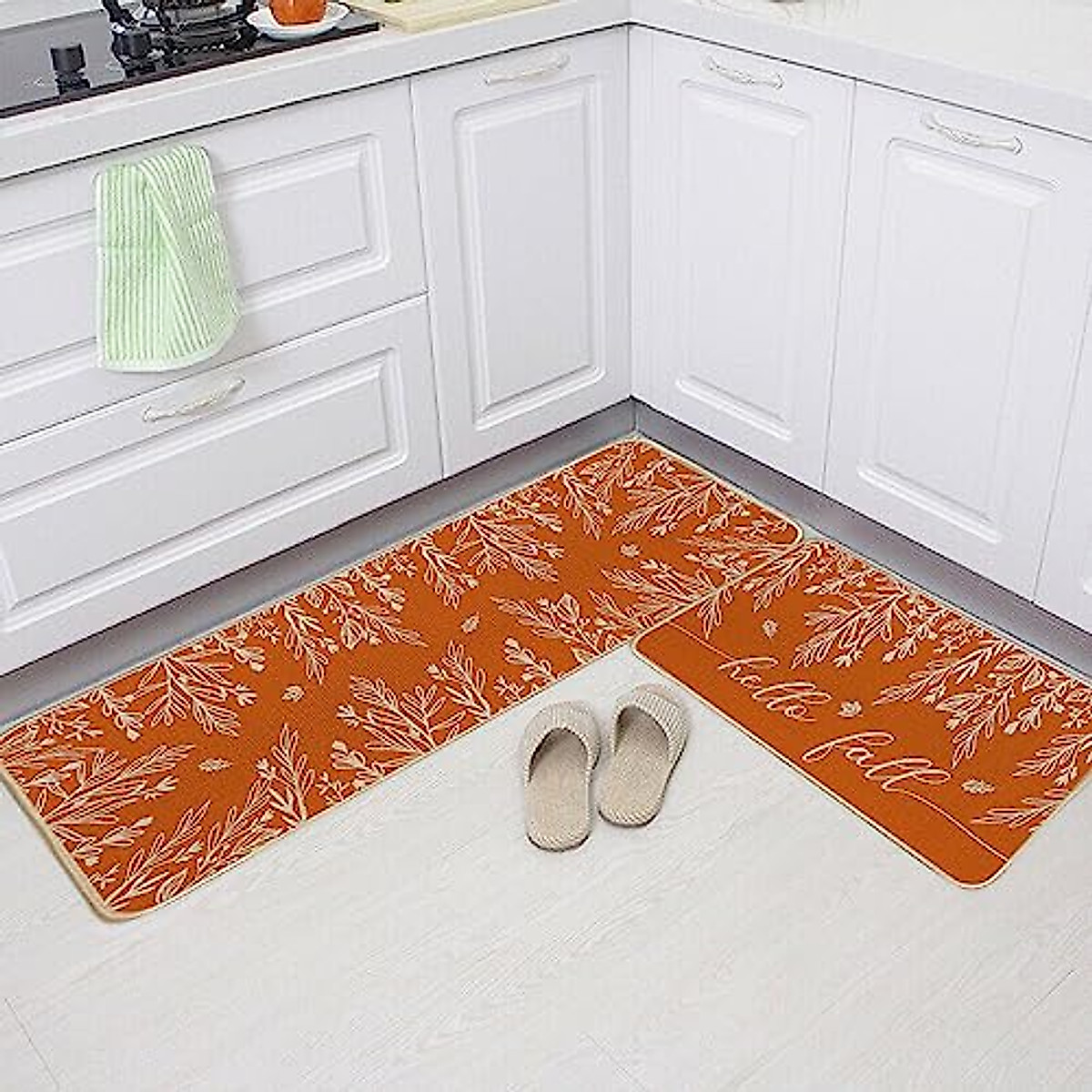 GEEORY Fall Kitchen Mats, Set of 2 Leaves Hello Fall Floor Mat Farmhouse Seasonal Holiday Party Decorative Home 17x29 and 17x47 Inch (Orange) GK066
