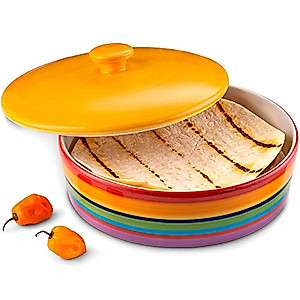 KooK Ceramic Tortilla Warmer, Colorful Design, Perfect for Pancakes, Holds up to 12 tortillas, 8.5 Inch Diameter, Taco warmer 40oz