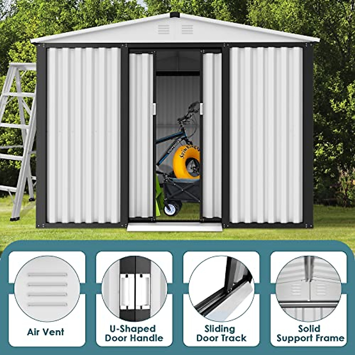 Betterland Outdoor Storage Shed 6×8 FT Garden Metal Tool House, Walk-in Steel Double Sloping Roof Shed with Sliding Door for Garden, Lawn, Backyard (White)