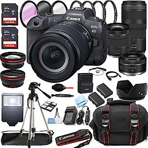 Canon EOS R5 Mirrorless Digital Camera with RF 24-105mm f/4 L is USM Lens + RF 100-400mm is USM Lens + RF 50mm f/1.8 STM Lens + 128GB Memory + Case + Tripod + Filters (43pc Bundle)