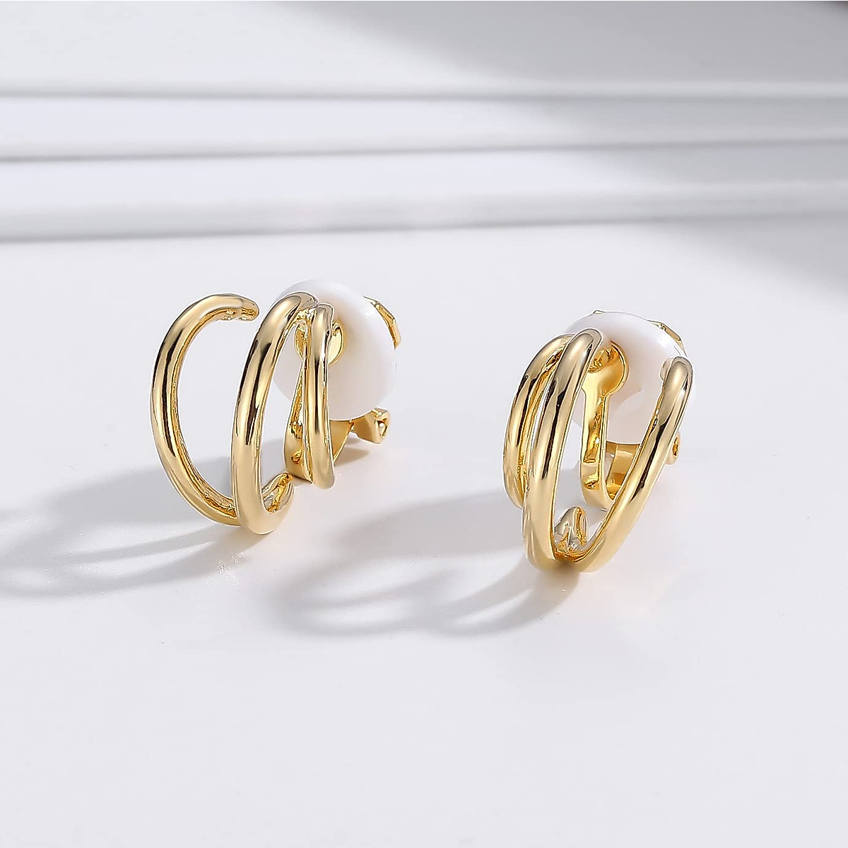 HAISWET Twisted Art Deco Hoop Small Stud Clip On Earrings For Women Teens Gold Tone
