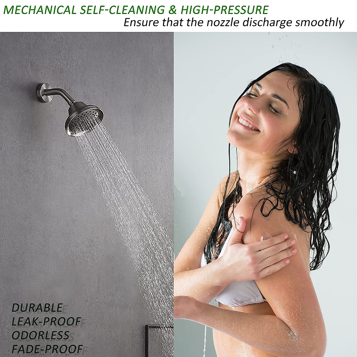 Rainovo 6 Spray Settings High Pressure Shower Head 5" Rain Fixed Showerhead - Brushed Nickel Adjustable Shower Head with Anti-Clogging Nozzles, Low Flow Easily Installation (RN-AU055003BN)