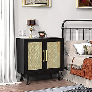 RESOM Black Rattan Accent Storage Cabinet, Sideboard Buffet Cabinet with Rattan Doors, Modern Wood Cabinet for Living Room, Dining Room, Kitchen, Entryway and Hallway