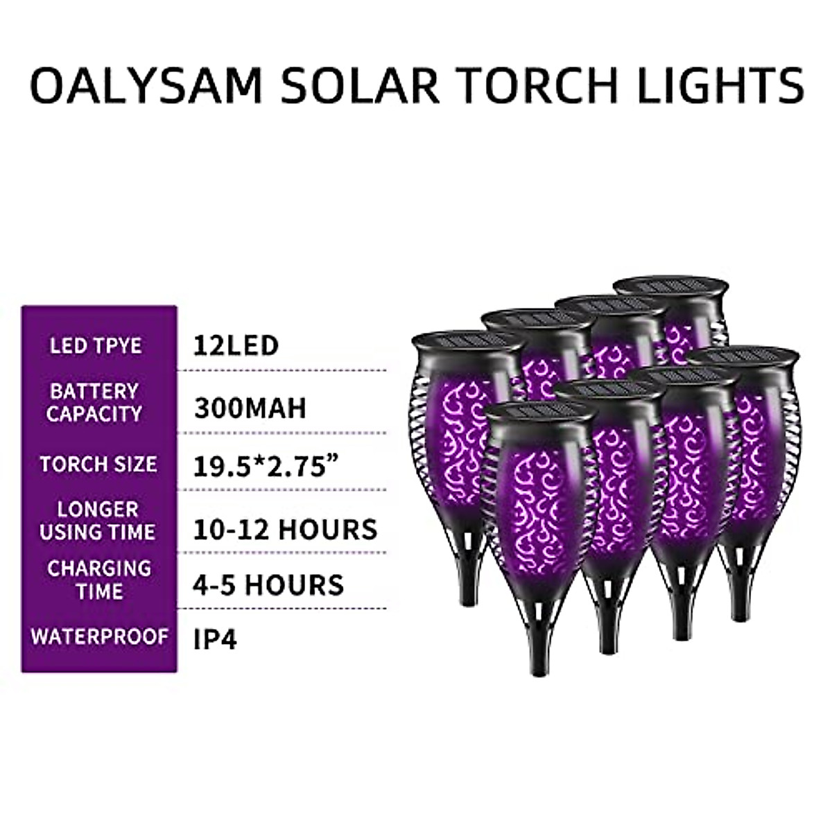 Solar Tiki Torch Lights with Flickering Flames for Garden, Torch Stake Light Outdoor Decorative, Waterproof Landscape Flame Lights with Auto On/Off for Garden Party Pathway (8 Pack Purple, 12 LEDs)