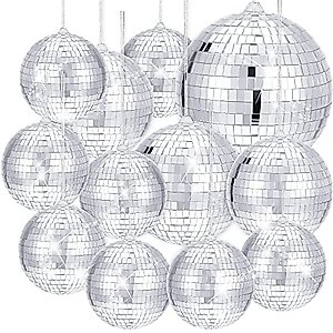 12 Pack Silver Disco Ball Mirror Ball with Hanging Ring for Fun Retro Disco Party Decorations Party DJ Lighting Effect Stage Props Game Accessories, 5.91 Inch, 3.94 Inch, 3.15 Inch, 2.36 Inch