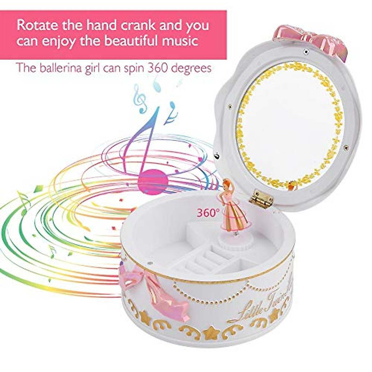 Music Boxes For Girls, Round Music Box for Girls With Mirror, Miniature 360 Degree Rotary Girl And Jewelry Storage Functional Baby Toys(White)
