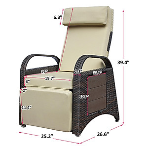 Outdoor Recliner Chair,PE Wicker Adjustable Reclining Lounge Chair and Removable Soft Cushion, with Modern Armchair and Ergonomic for Home, Sunbathing or Relaxation (Brown + Khaki)