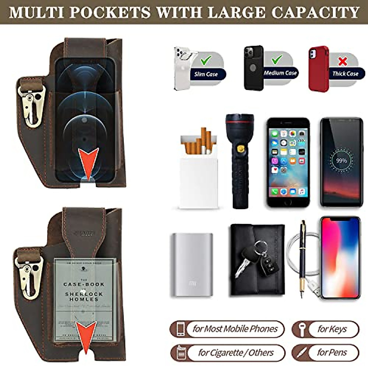 SUOHU Leather Phone Holster with Belt Clip, Leather Cell Phone Holder for Belt, Leather Belt Phone Pouch, Universal Leather Phone Case on Belt, Tactical Leather Phone Belt Bag for iPhone (Dark Brown)