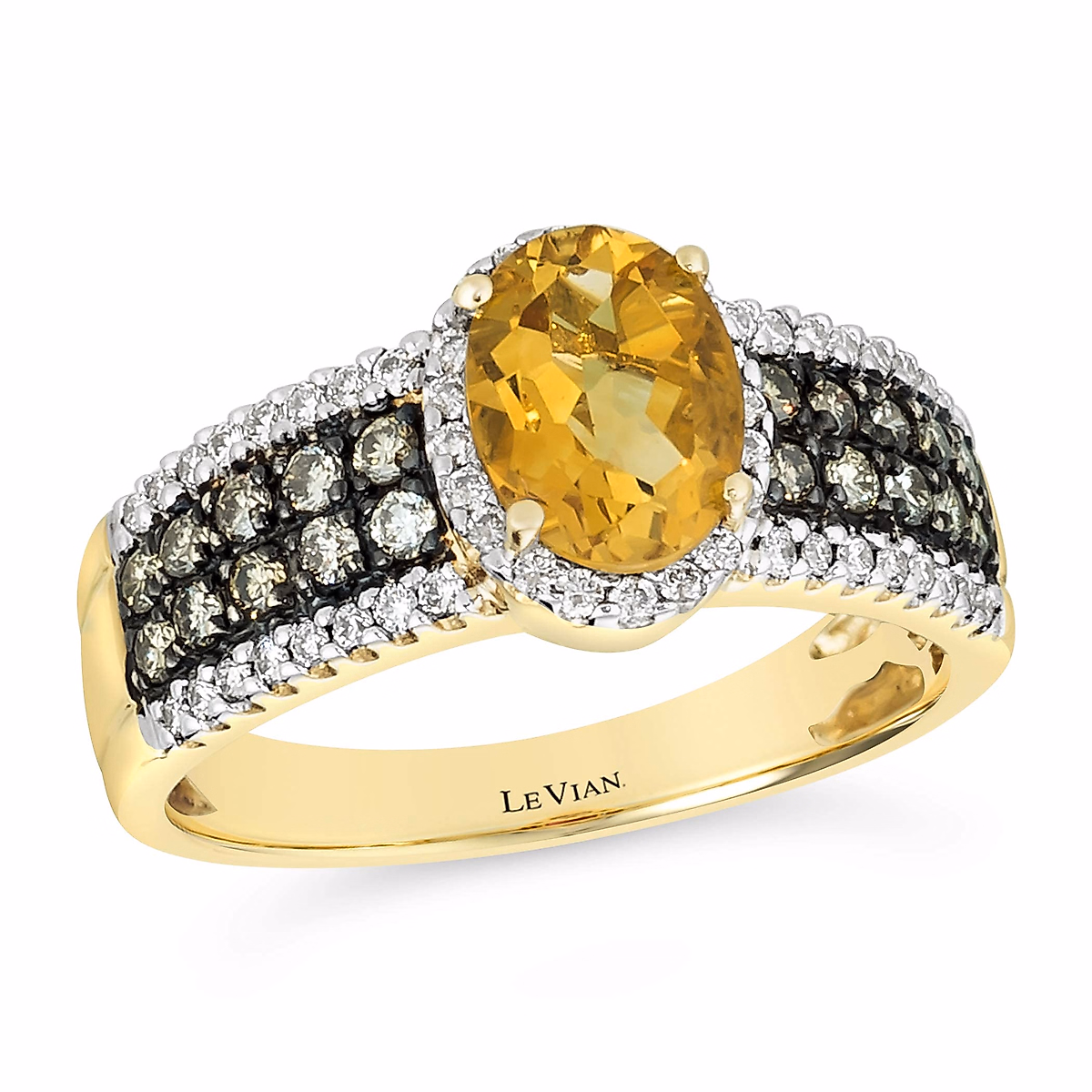 LE VIAN 14K Yellow Gold Oval Citrine & 1/2 Cttw White/Chocolate Diamond Engagement Ring (H-I & Fancy Brown Color, SI1-SI2 Clarity)- Size 7