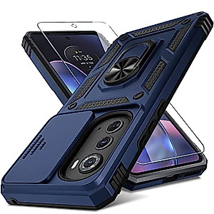 Motorola Moto Edge 2022 Case Built in Slide Camera Cover and Screen Protector [Not for Edge Plus],Heavy Duty Shockproof Full Body Phone Cover,Built in Finger Ring Stable Holder Kickstand,2022 Blue