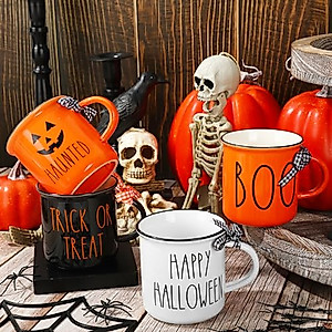 Whaline 6Pcs Halloween Mini Mugs with Plaid Ribbon Pumpkin Bat Mini Coffee Mug Halloween Party Cups for Table Centerpieces Tiered Tray Decor Gifts