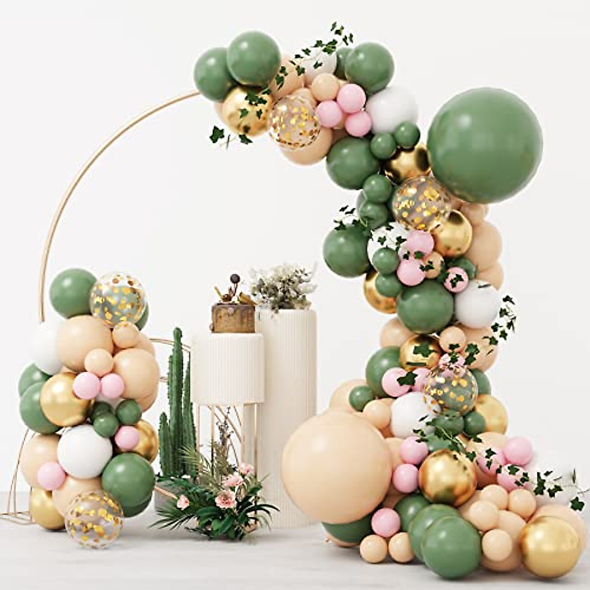 RUBFAC 150pcs Sage Green Pink Balloon Garland Arch Kit, Olive Green Blush Peach Gold Balloons with Artificial Ivy for Baby Shower Birthday Garden Theme Party Decorations