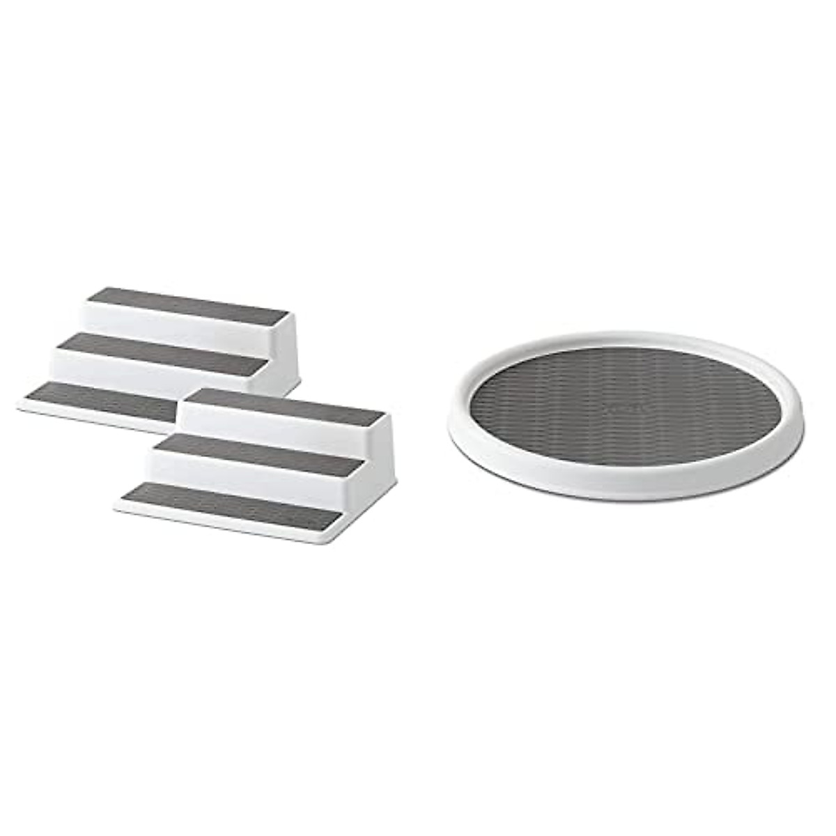 Copco 5257350 Non-Skid 3-Tier Spice Pantry Kitchen Cabinet Organizer, 2 Pack, Grey 2 & Basics Non-Skid Pantry Cabinet Lazy Susan Turntable, 12-Inch, White/Gray