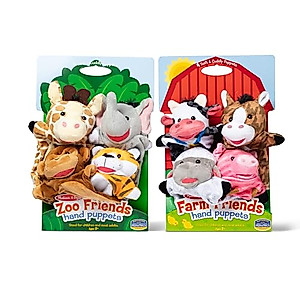 Melissa & Doug Animal Hand Puppets (Set of 2, 4 animals in each) - Zoo Friends and Farm Friends
