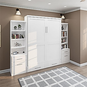 RoomAndLoft Queen Size White Murphy Wall Bed in Solid Wood, with Storage and Shelves, No Box Spring Needed, Easy Assembly, Up to weight capacity