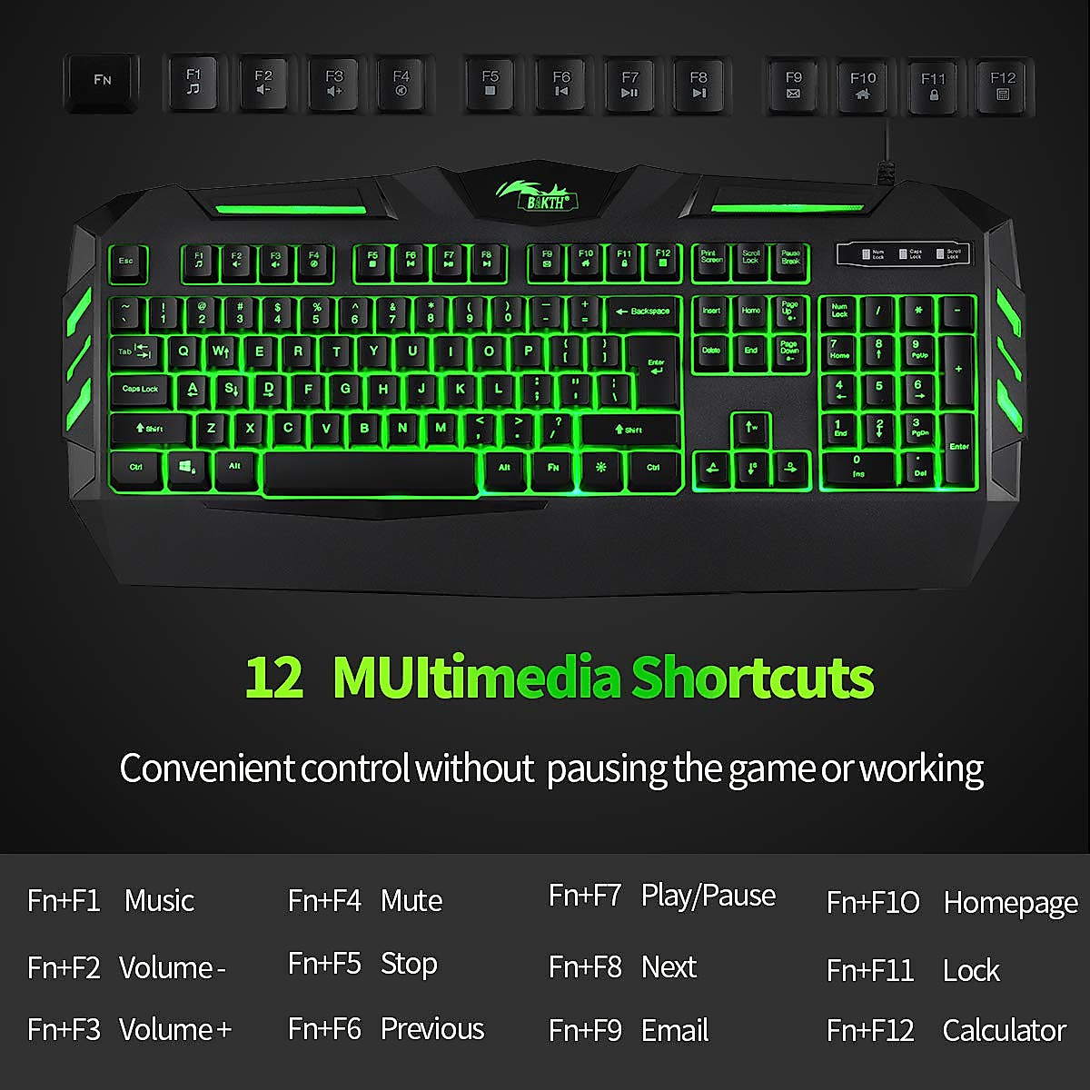 BAKTH 7 Colors LED Backlit Gaming Keyboard, Mechanical Feeling and Waterproof, Illuminated USB Wired Keyboard for Pro PC Gamer or Office