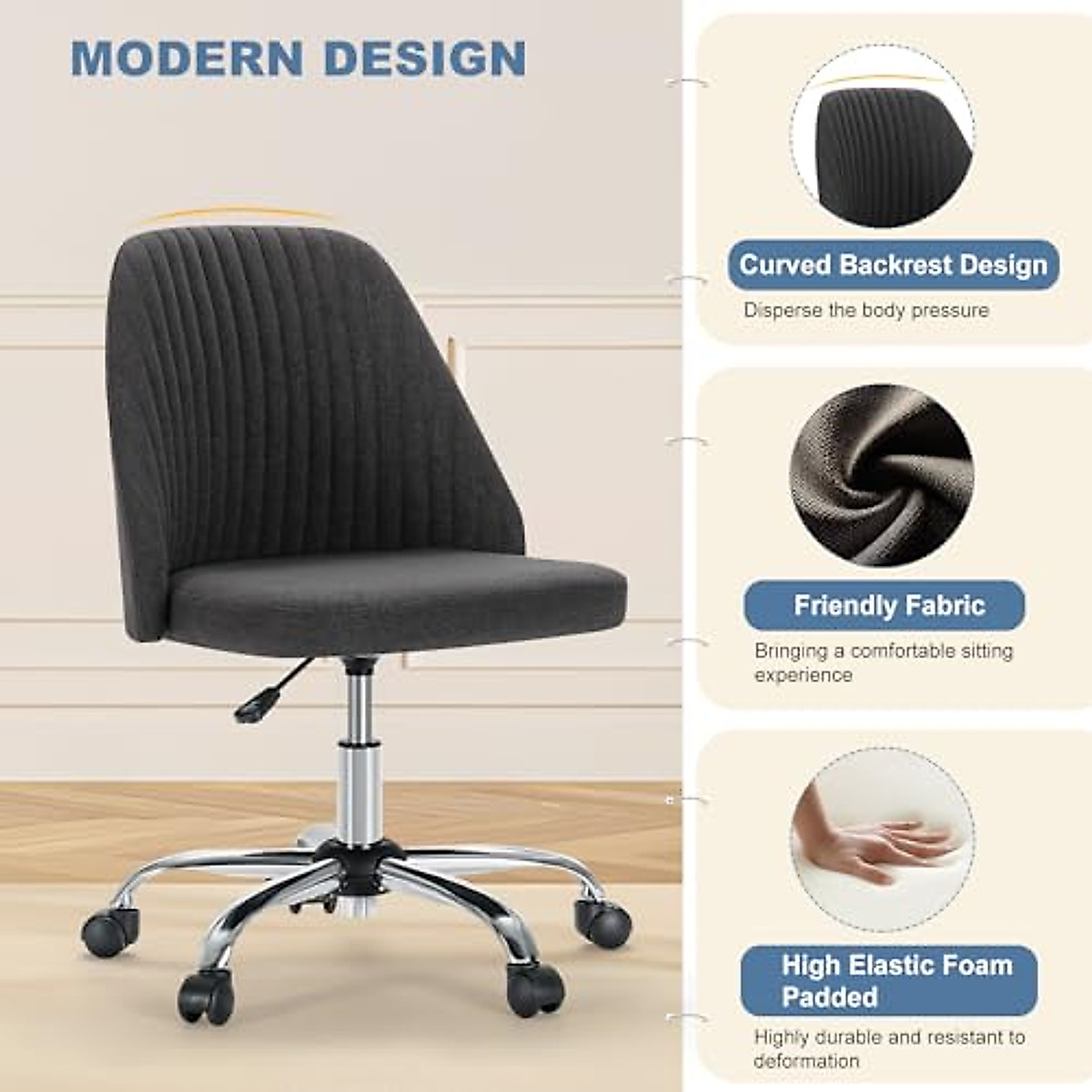Office Chair, Desk Chair, Small Desk chairs with wheels Cute Vanity Swivel Chair with Back Mid Century Modern Armless Home Office Desk Chairs Task Chair for Bedrooms, Office, Dressing Room, Study
