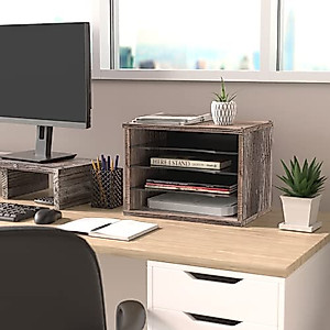 J JACKCUBE DESIGN Rustic Wood Desk Organizer 4 Compartment Paper File Holder for Home and Office, Document Storage, File sorter, Mail and Letter Tray- MK560A