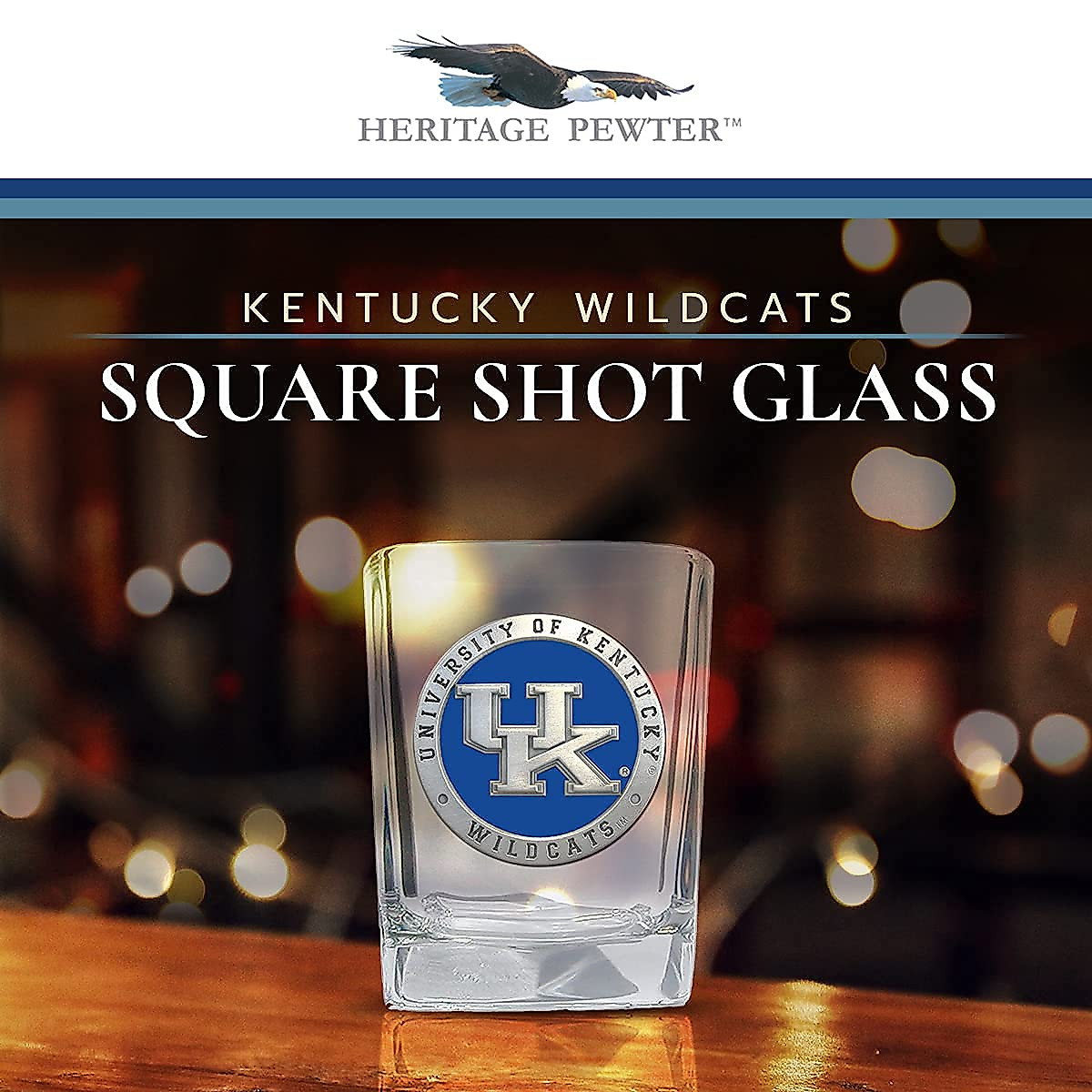 Heritage Pewter University of Kentucky Square Shot Glass | Hand-Sculpted 1.5 Ounce Shot Glass | Intricately Crafted Metal Pewter Alma Mater Inlay