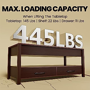 VEELOK Lift Top Coffee Table for Living Room with Hidden Storage Compartment 2 Drawers and Shelf Large Convertible Coffee Table, 43.3" Modern Wood Coffee Table, 445LBS Max Weight, Espresso