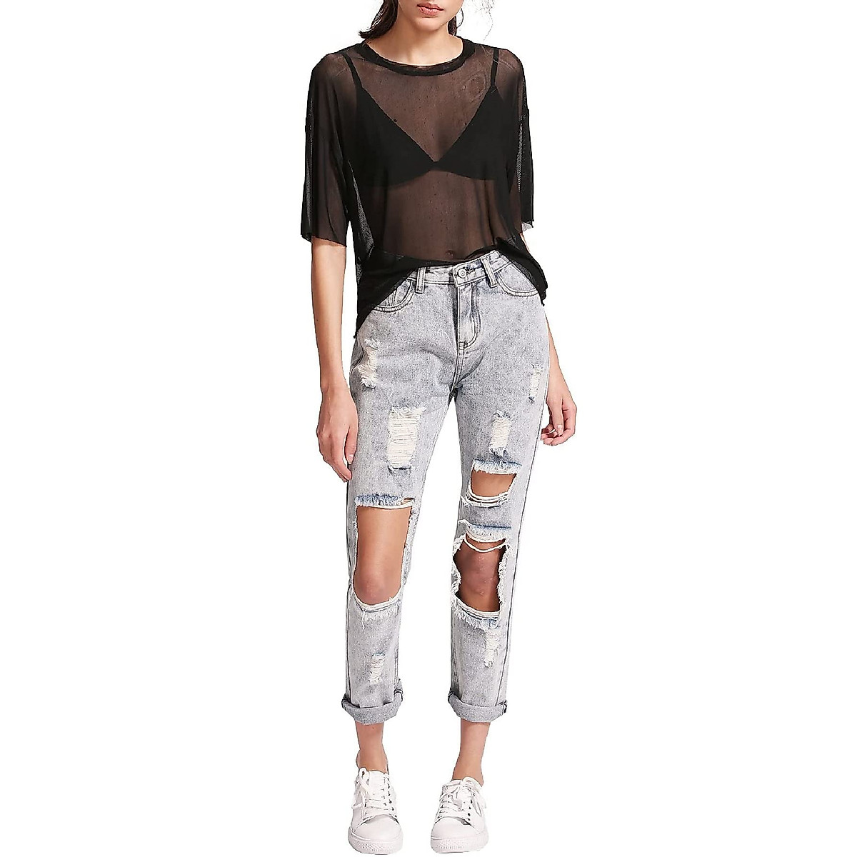 MakeMeChic Women's Summer Short Sleeve Tops See Through Mesh Sheer Sexy T Shirt Blouse A Black M