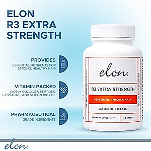 Elon R3 Hair Growth Supplement for Women – Vitamins w/ 5000 mcg Biotin Per Serving & Collagen Peptides for Healthy, Thick Hair – Extra Strength - Extended Release (60 Tablets)