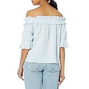 Tommy Jeans Women's Short Sleeve Off The Shoulder Striped Top, Blue/White, S