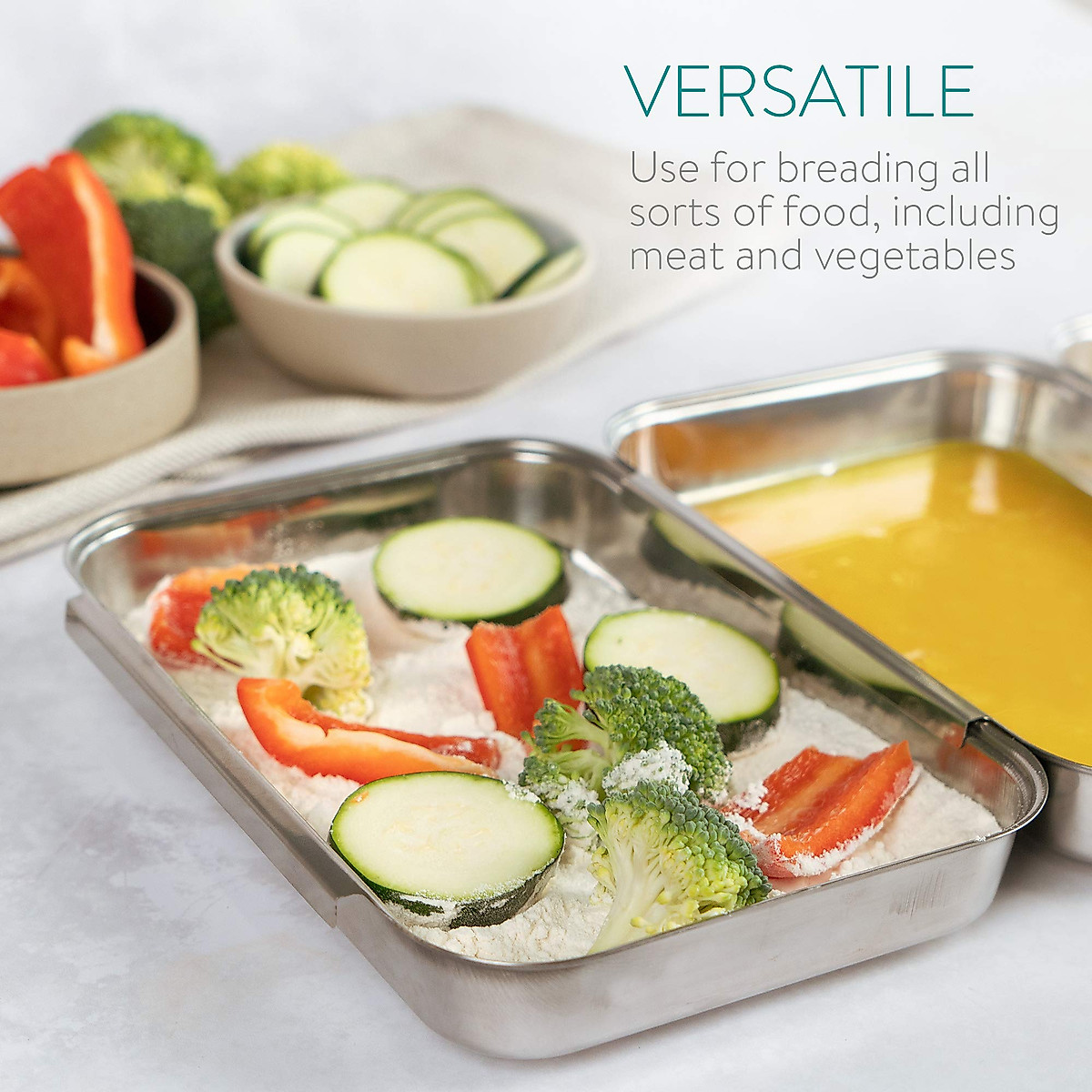 Navaris Breading Trays Set - 3 Stainless Steel Pans for Preparing Bread Crumb Dishes, Panko, Schnitzel, Breadcrumb Coating Fish and Marinating Meat