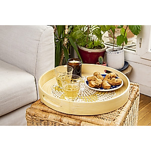 Round seagrass woven tray with handles, bamboo and seagrass tray, handmade decorative tray for table counter piece, coffee table and breakfast tray, wicker fruit basket, , hanging wall basket(14 inch)