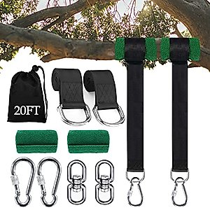 Werfeito Extra Long Tree Swing Straps, 3FT/10FT/20FT/30FT Tree Swing Hanging Straps Kit Holds 5000 lbs with Tree Protector, Heavy Duty Carabiner and Swivel Perfect for Swings & Hammocks (20 FT)