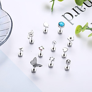 Ubjuliwa 20 Pairs 20G Surgical Steel Stud Earrings Set for Women Men Hypoallergenic Flatback Earrings Piercing Jewelry Star Moon flower Heart Leaf Opal Cartilage Earrings