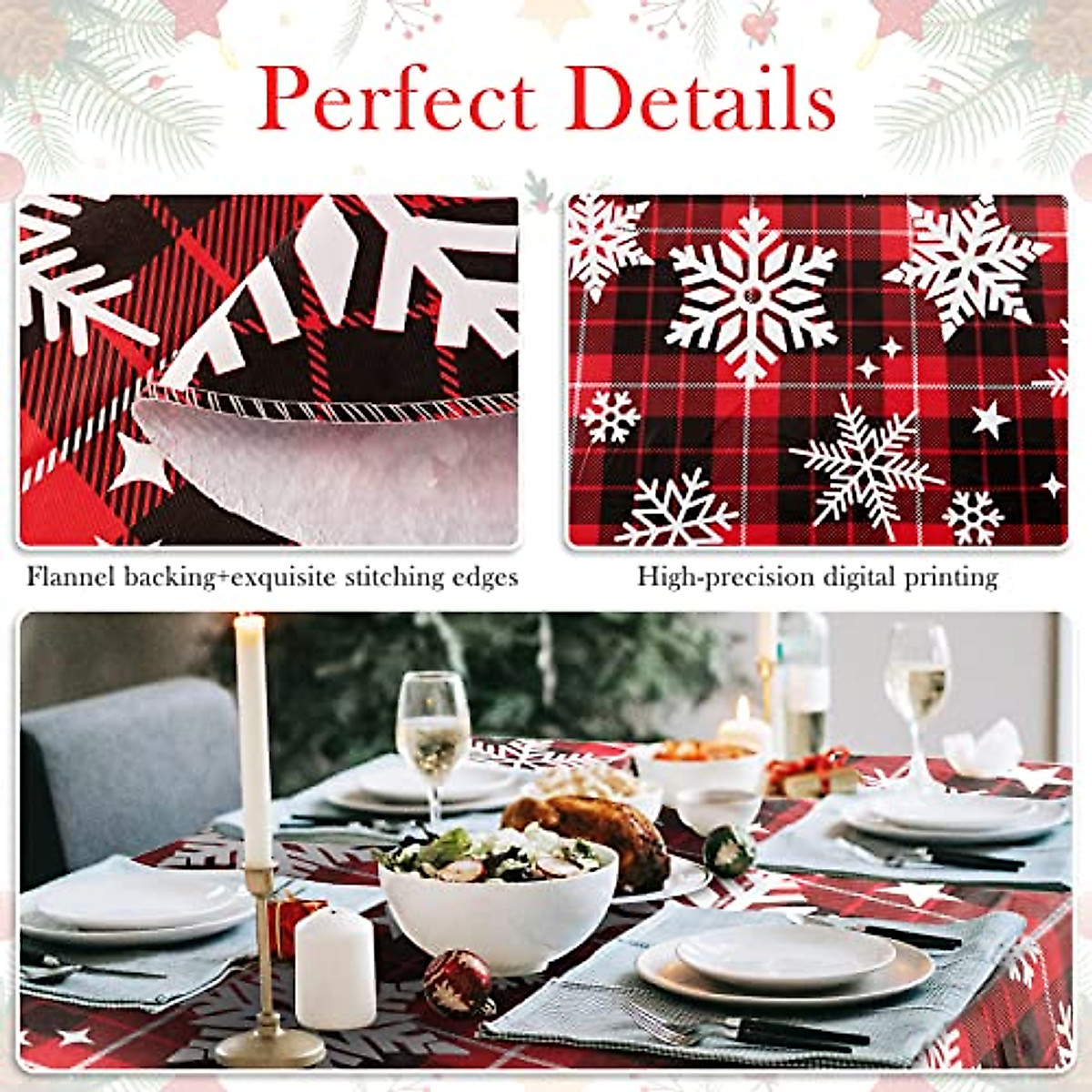 Christmas Tablecloth Vinyl Tablecloth with Flannel Backing, Waterproof Oil-Proof Stain-Resistant Snowflake Plastic Rectangle Checkered Holiday Table Cloth for Indoor Outdoor(Red/Black/White,60 x 84)