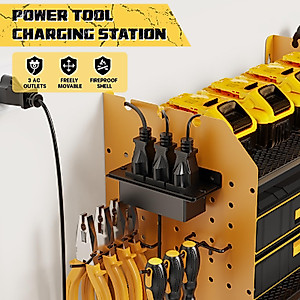Power Tool Organizer, 45.5 Inch Cordless Drill Holder Wall Mounted, 3 Layers Tool Organizers with Outlet Power Strips , Garage Storage Rack for Toolbox/Impact Wrenches/Screwdriver/Plier/Hammer