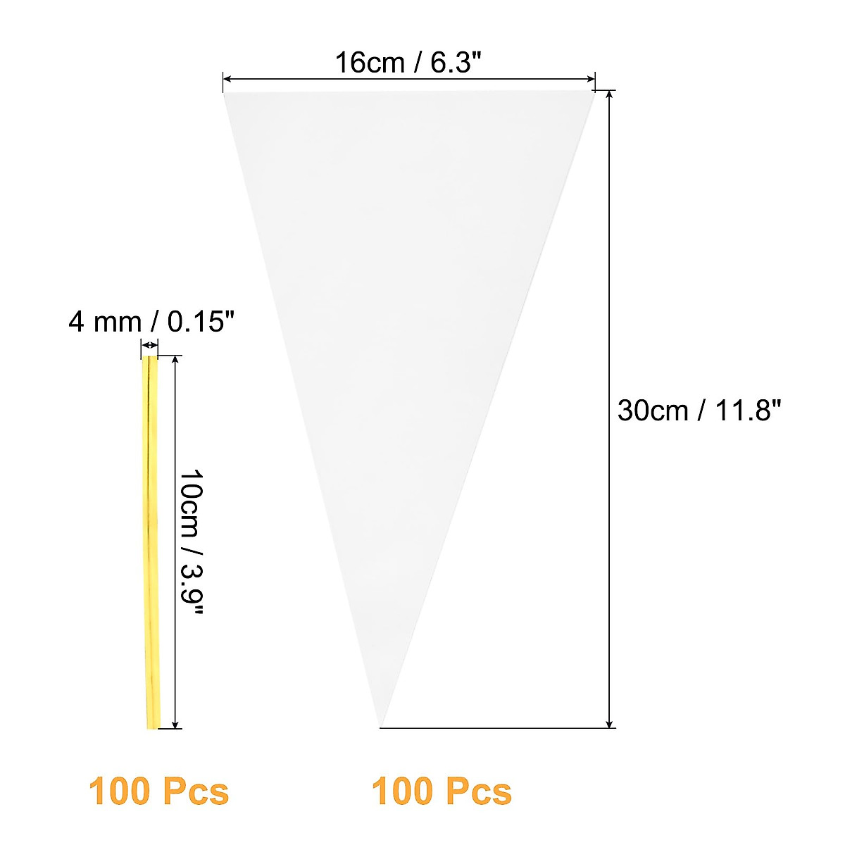 uxcell 100 Pcs Cone Cello Bags, Clear Flat Plastic Cello Treat Bags with Gold Twist Ties Candy Bags Cookie Bags for Christmas Snacks Candy Cookie Sweet