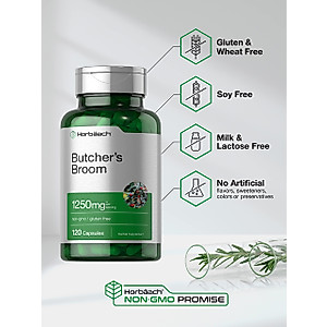 Horbaach Butchers Broom Capsules 1250mg | 120 Count | Non-GMO, Gluten Free | Traditional Herb Root Extract Supplement